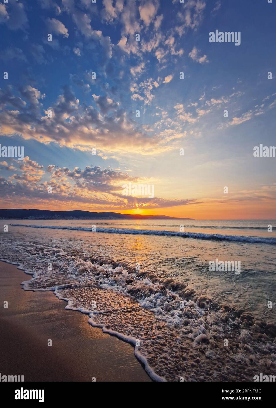 Seascape dawn scene, natural vertical background. Early morning on the ...