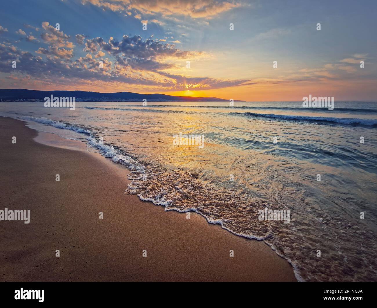 Sea sunrise scene, natural background. Early morning on the beach with ...