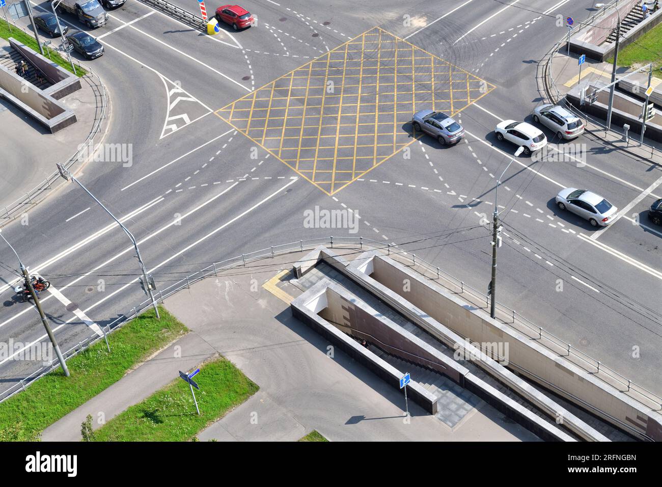 Moscow, Russia - Aug 02. 2021. Top view of road intersection with ...