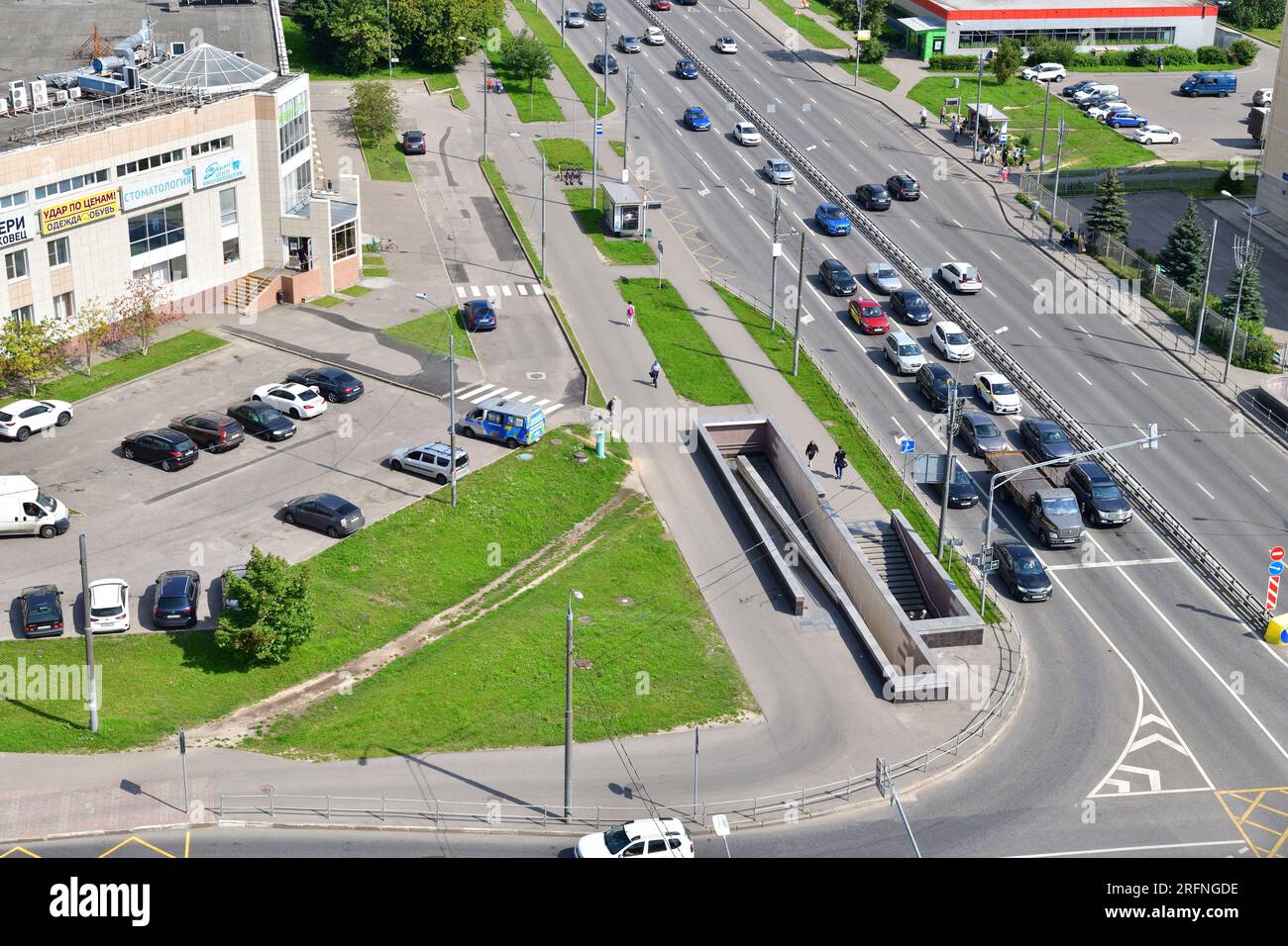 Moscow, Russia - Aug 02. 2021. Top view of road intersection with ...