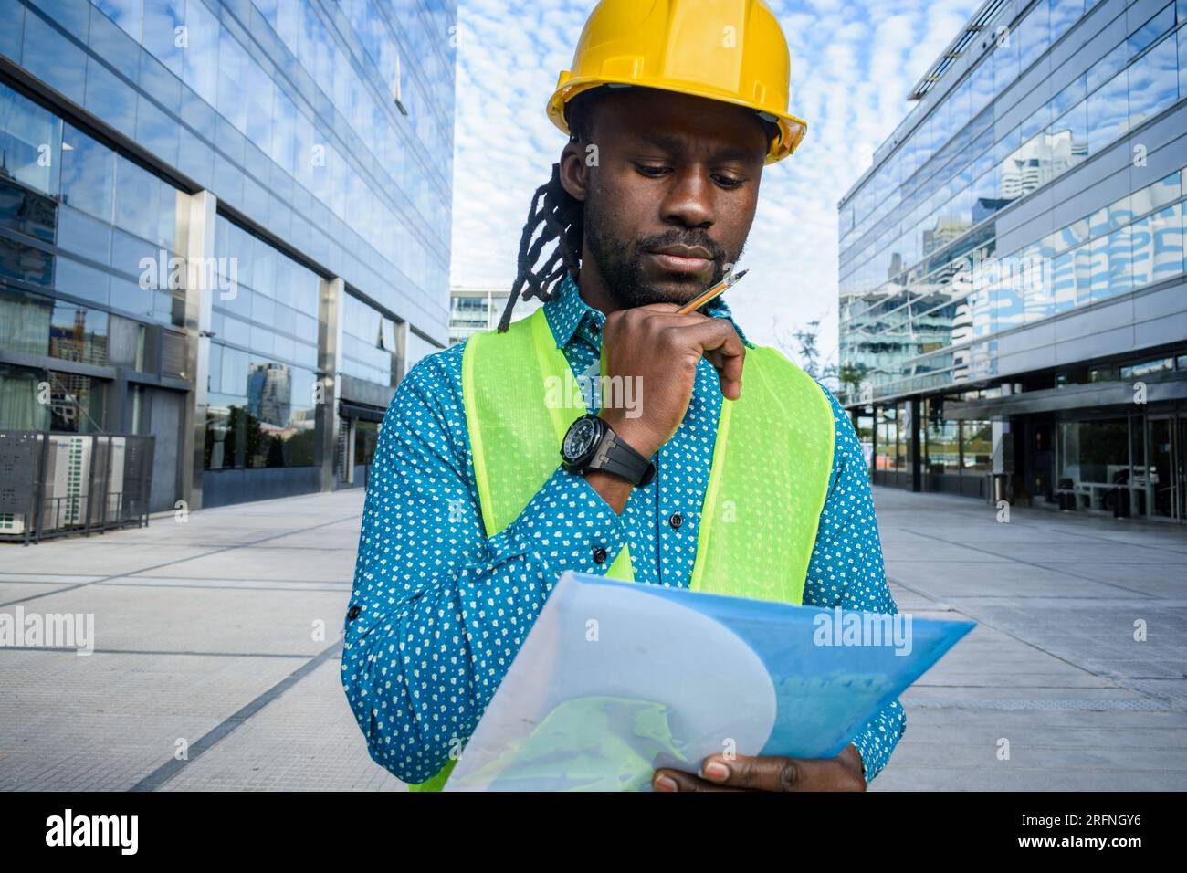 front view of adult male African ethnicity construction engineer ...