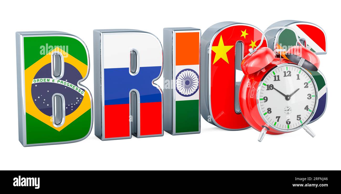 BRICS summit with alarm clock, 3D rendering isolated on white ...