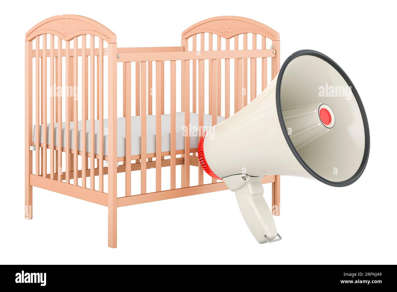 Baby crib with megaphone. 3D rendering isolated on white background ...