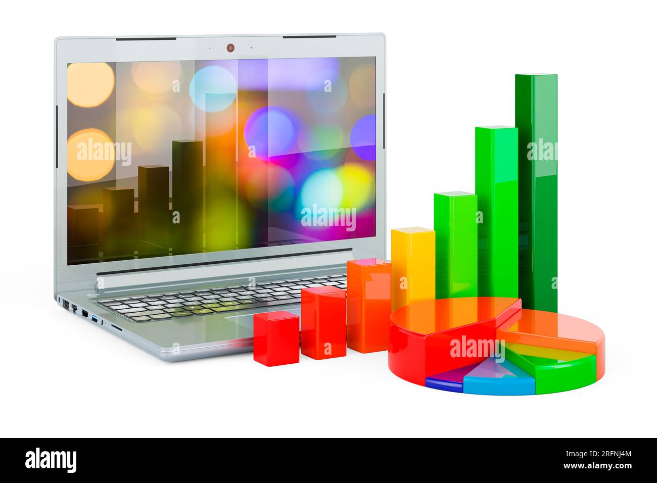 Laptop with opened display with growth bar graph and pie chart, 3D ...