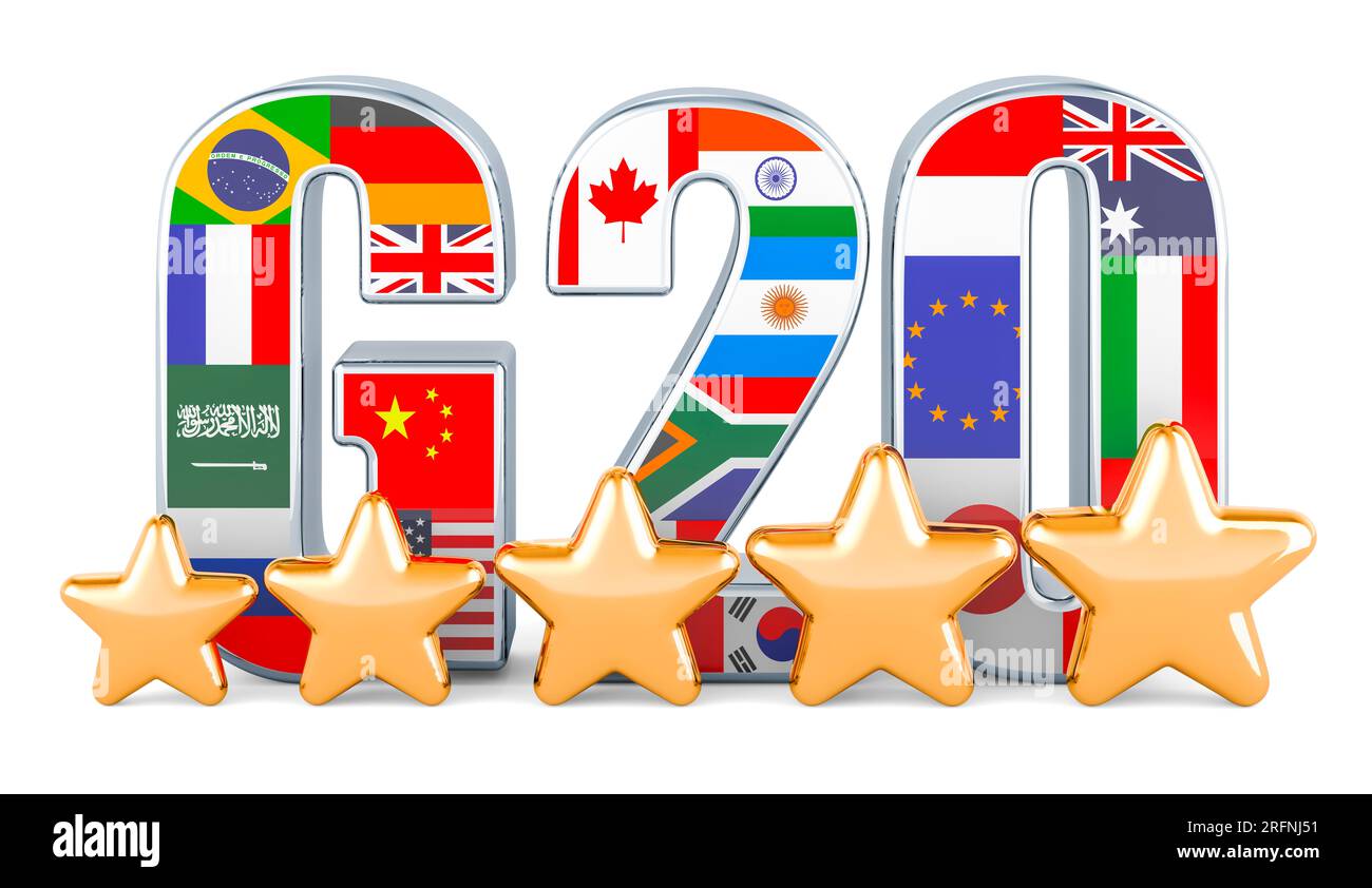 Summit G20 with five golden stars, 3D rendering isolated on white ...