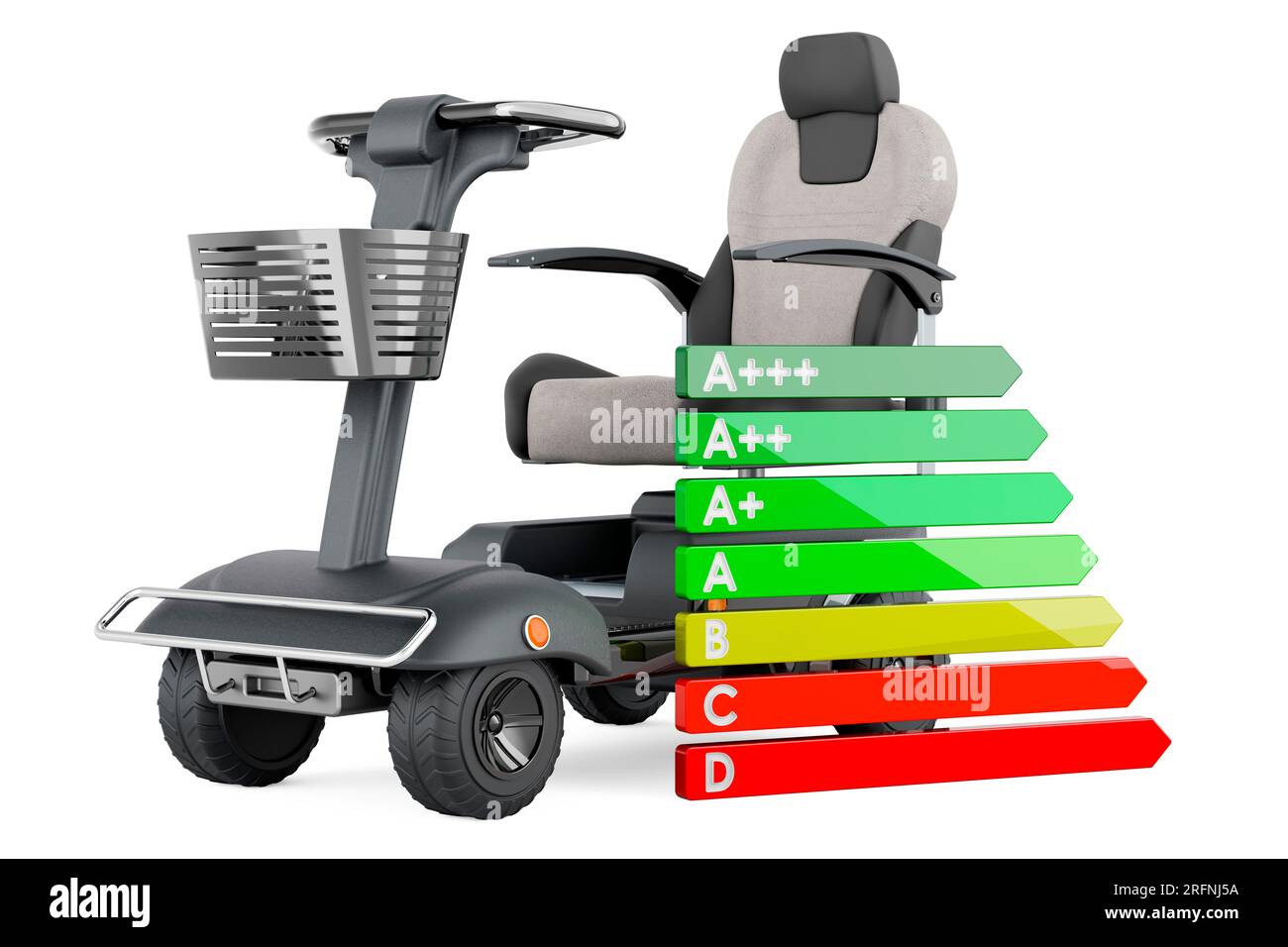 Mobility scooter with energy efficiency chart, 3D rendering isolated on ...