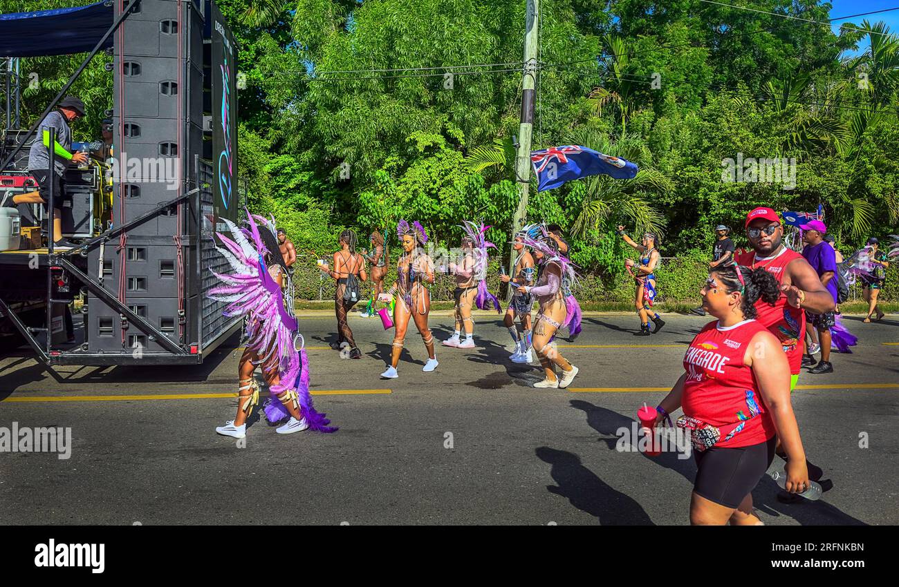 Grand Cayman, Cayman Islands, July 1st, 2023, carnival goers parading ...