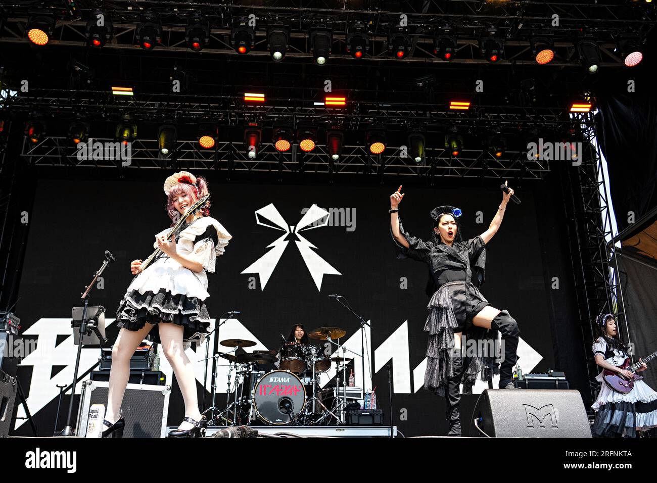 Miku Kabato, from left, Akane Hirose, Saiki Atsumi, and Kanami Tōno of Band-Maid perform on day ...