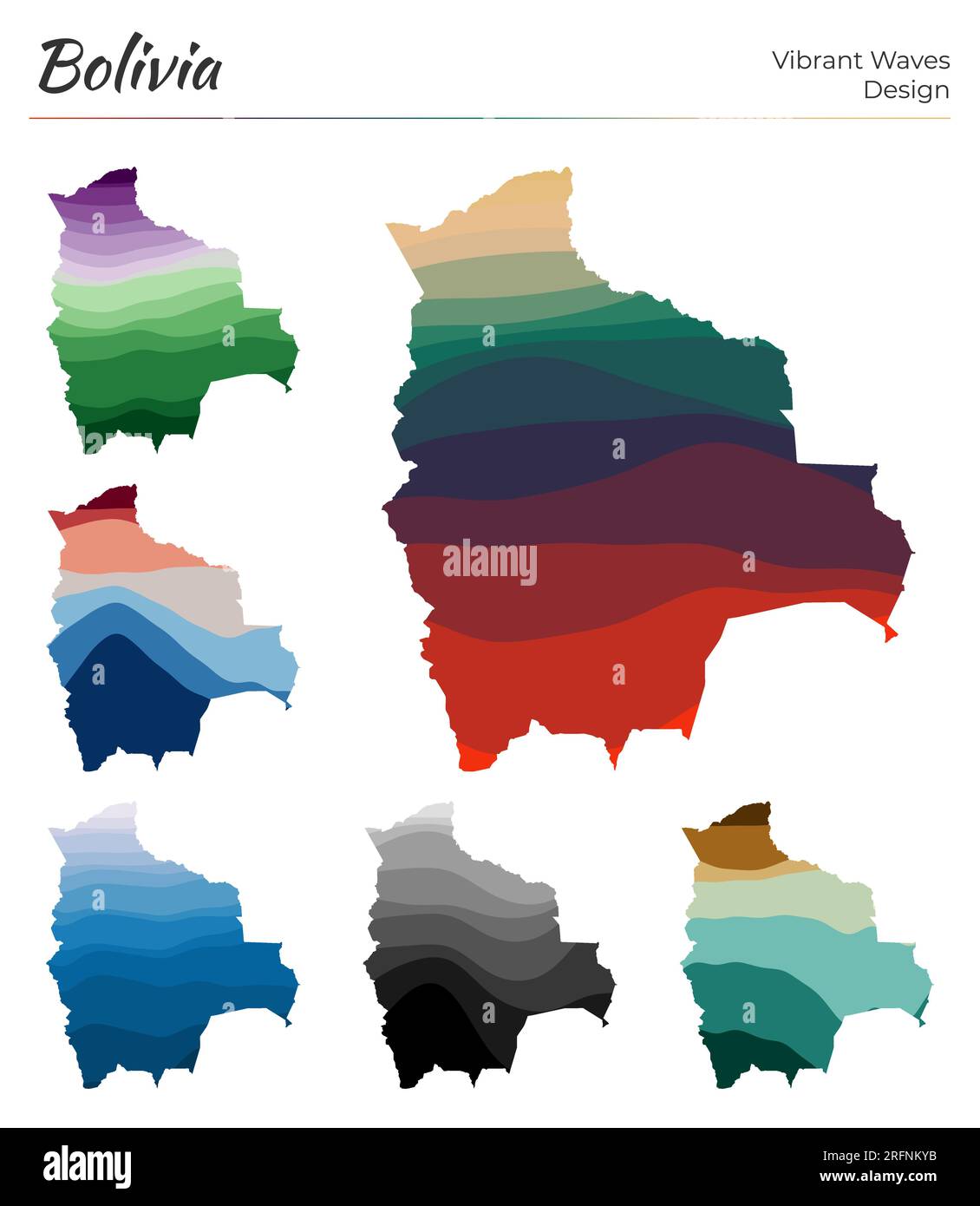 Set of vector maps of Bolivia. Vibrant waves design. Bright map of country in geometric smooth ...