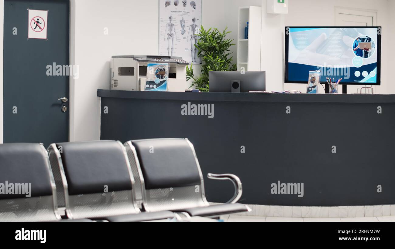 Hospital reception counter in hallway and waiting room, medical checkup examination in health ...
