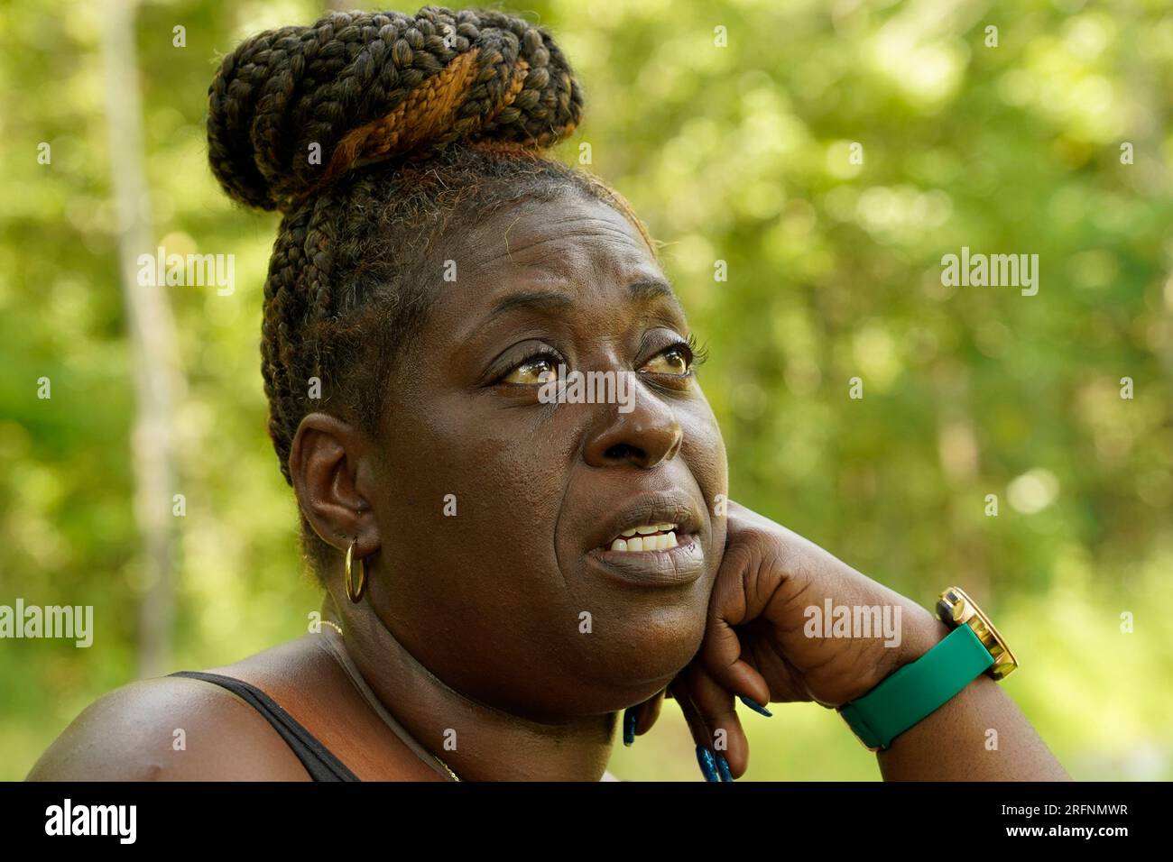 Monica Lee sits outside her Braxton, Miss., home, Friday, Aug. 4, 2023 ...