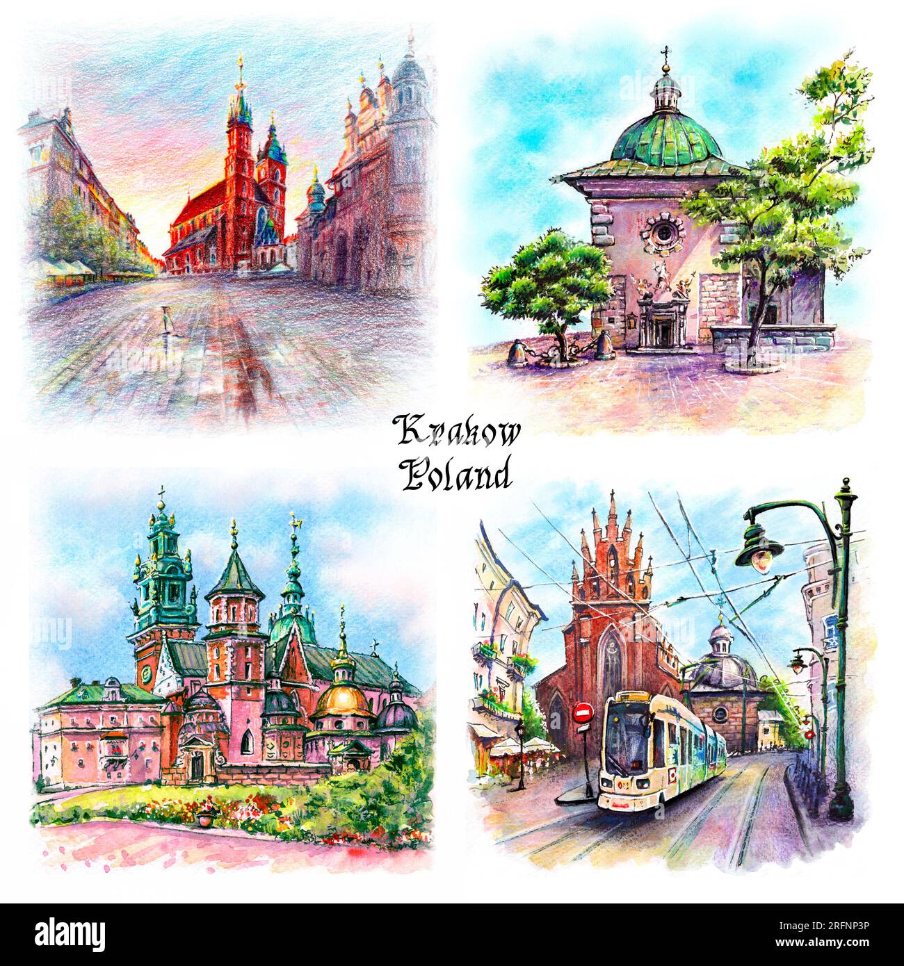 Set of Watercolor sketches of Krakow, Poland Stock Photo - Alamy