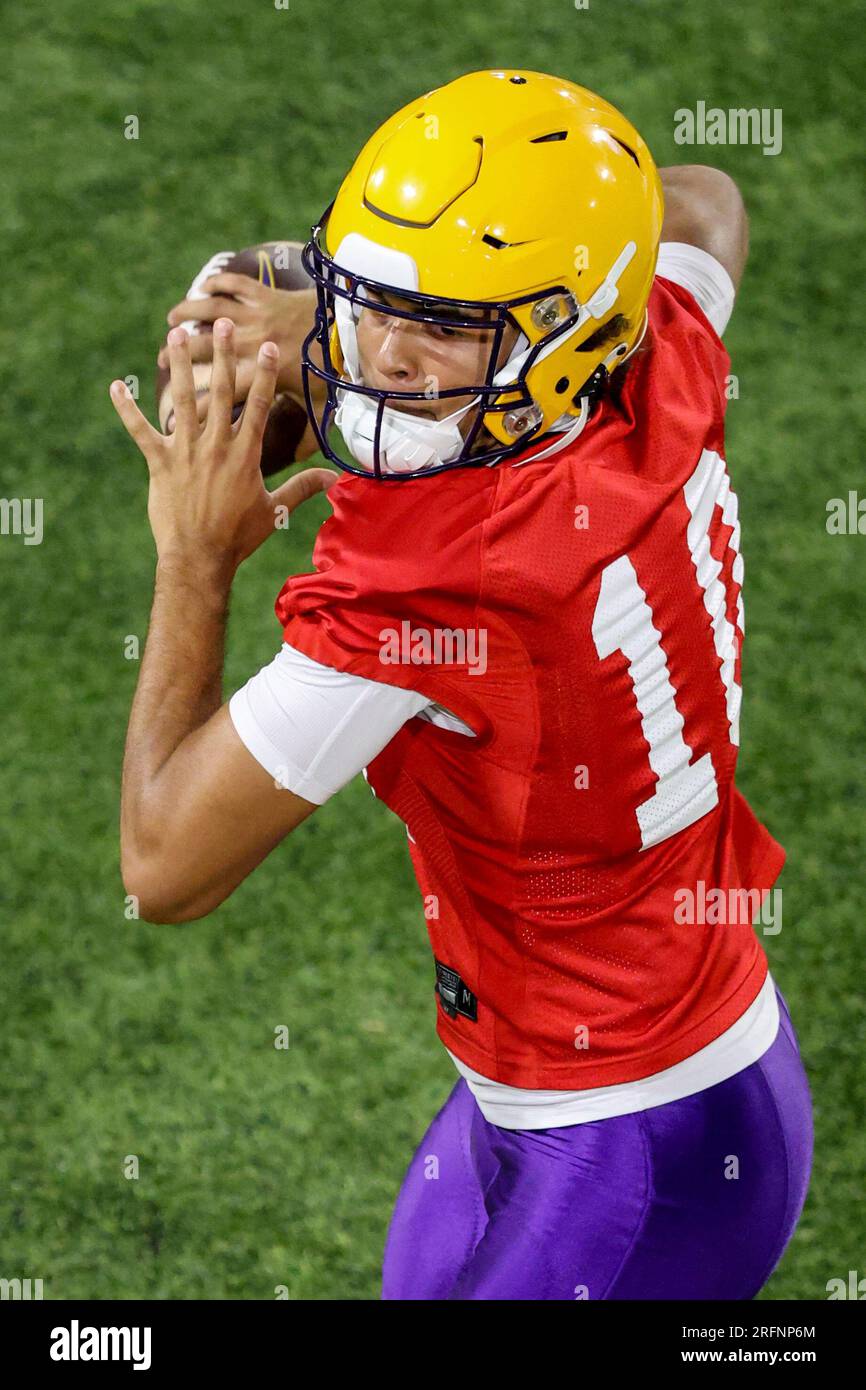August 4, 2023: LSU quarterback Rickie Collins (10) looks to throw a ...