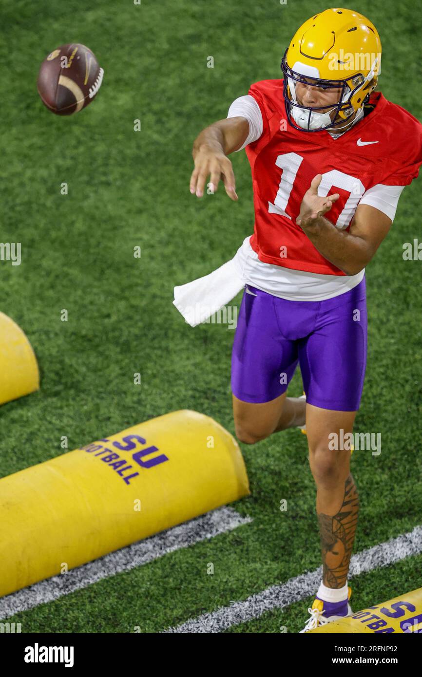 August 4, 2023: LSU quarterback Rickie Collins (10) looks to throw a ...