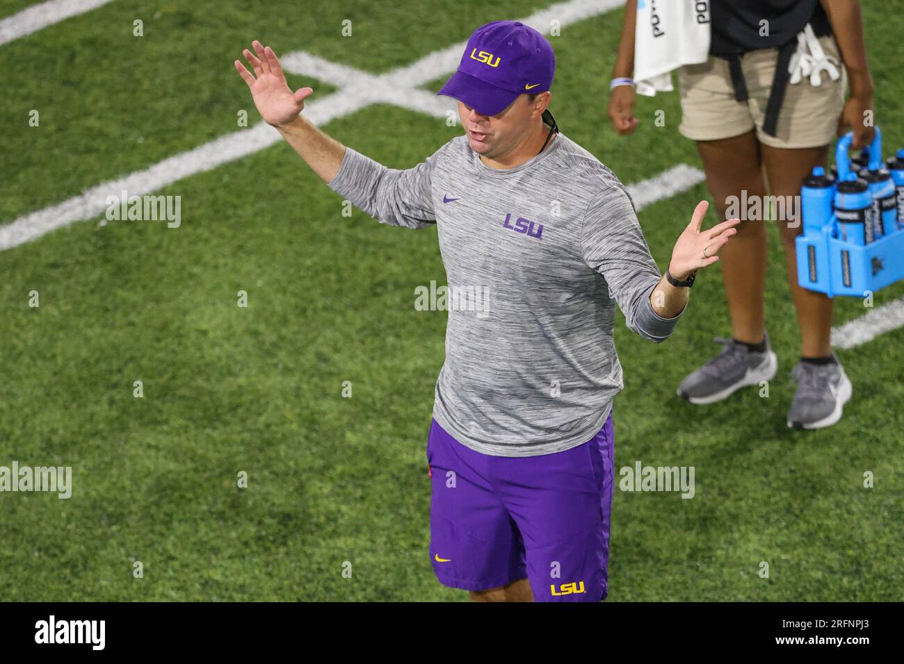 August 4, 2023: LSU quarterback coach Joe Sloan explains a drill during ...