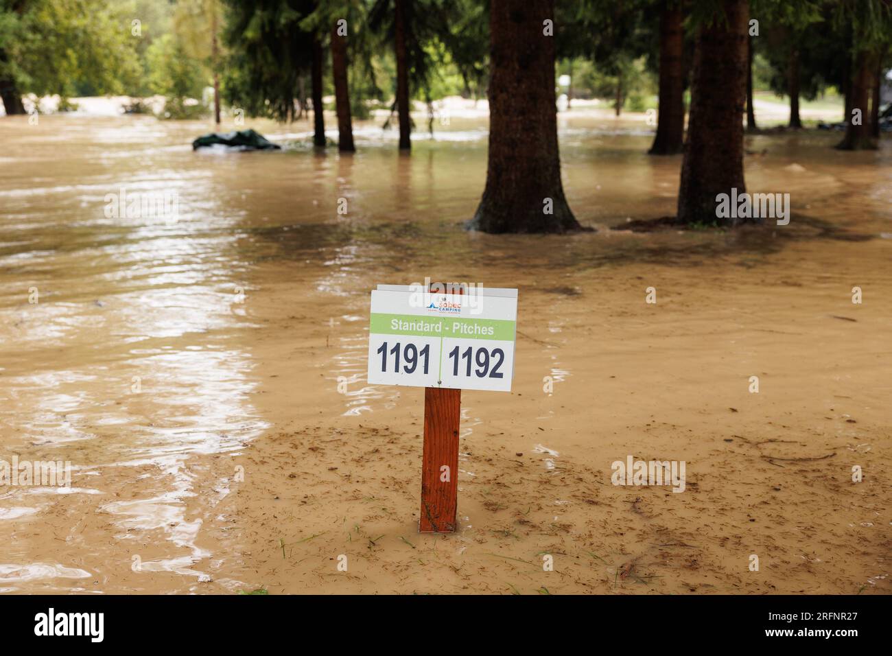 A campsite pitch sign is seen in a flooded camp Sobec near Bled after ...