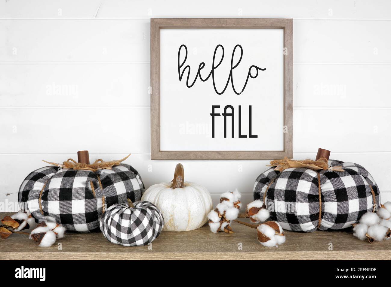 Modern farmhouse autumn shelf display with black and white buffalo ...