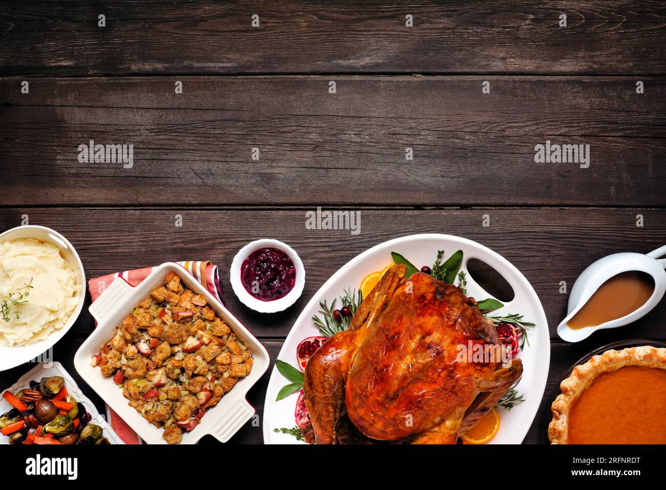 Traditional Thanksgiving turkey dinner. Top view bottom border on a ...