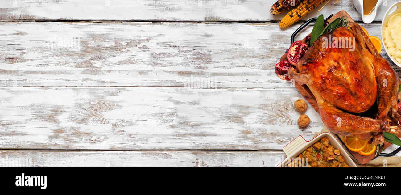 Classic Thanksgiving turkey dinner close up. Above view side border on ...