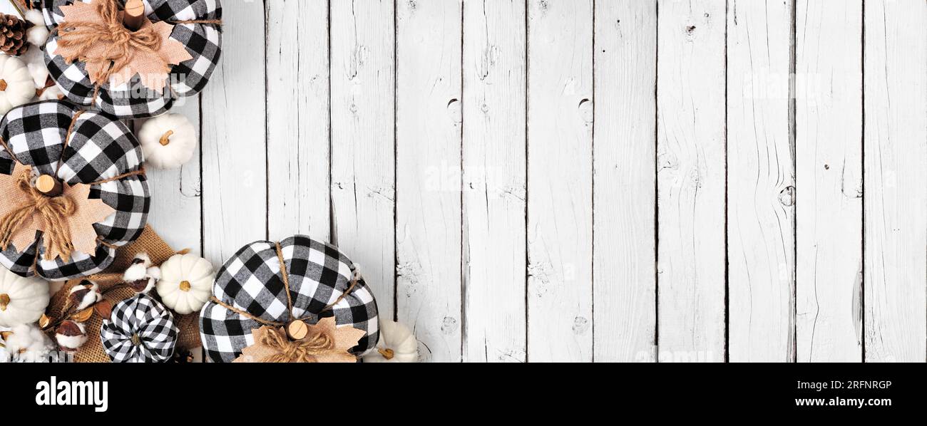 Modern farmhouse fall corner border over a white wood banner background ...