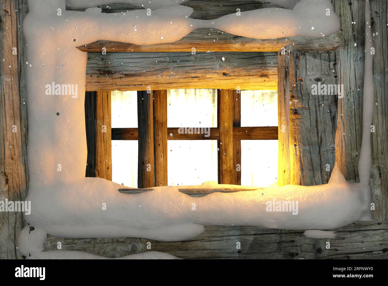 Old frozen window with falling snow outside. Christmas background Stock ...