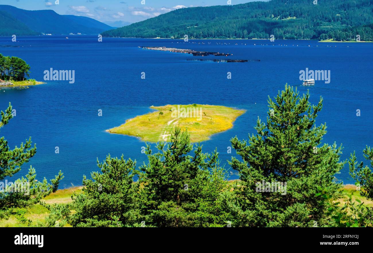 Summer landscape of Dospat dam in Rhodope mountains, Bulgaria Stock ...
