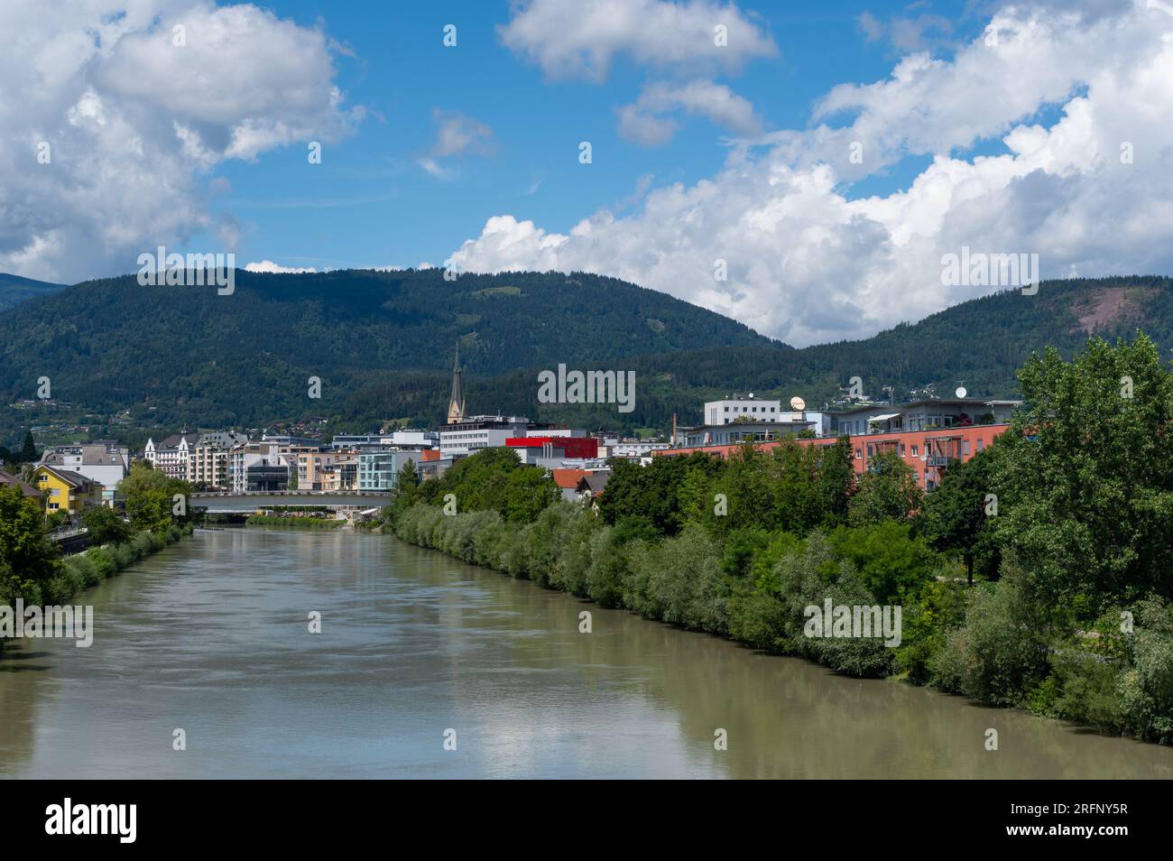 View of the austrian town of Villach with its Drau river Stock Photo ...