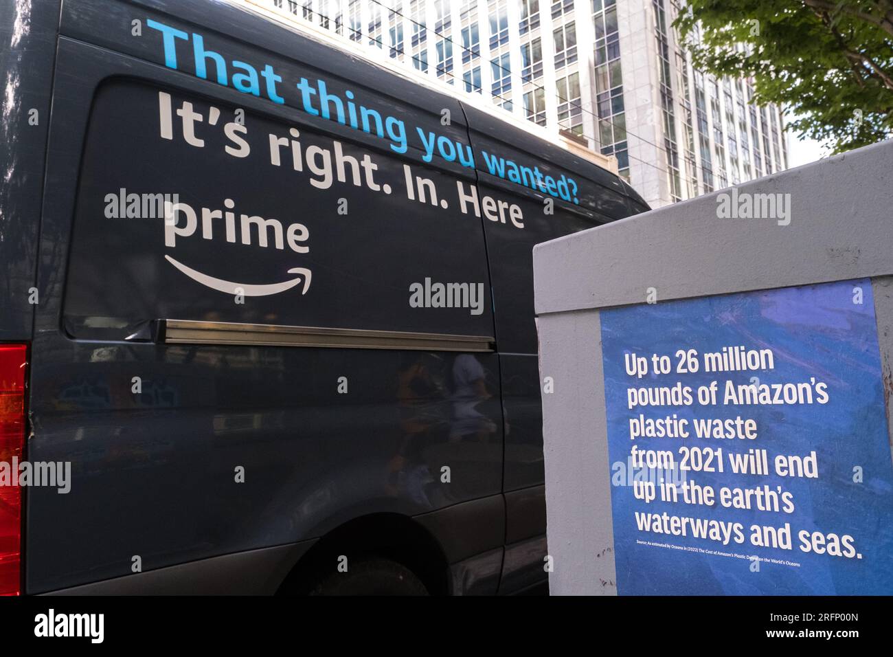 Seattle, USA. 4th Aug, 2023. An Oceana plastic ocean pollution ad with ...