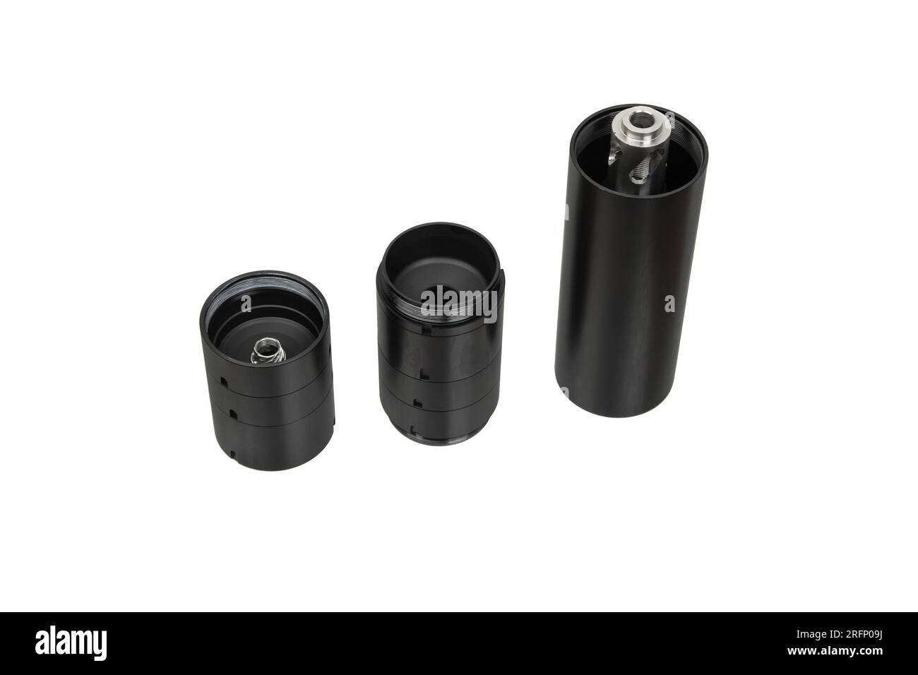 Black silencer for weapons. Suppressor that is at the end of an assault ...