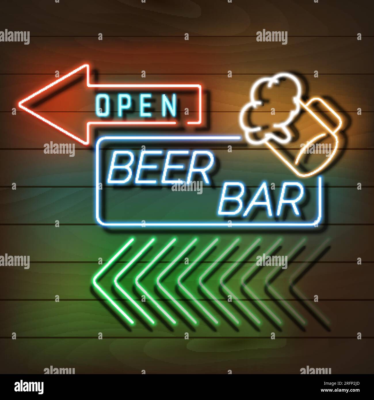 Beer bar neon light banner on a wooden wall. Blue and orange sign ...