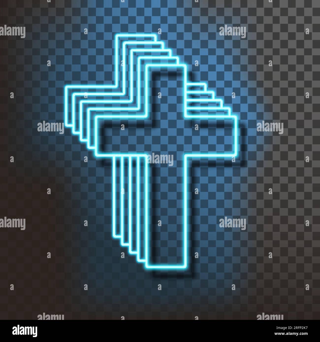 Neon blue christian cross on a transparent background. Decorative ...