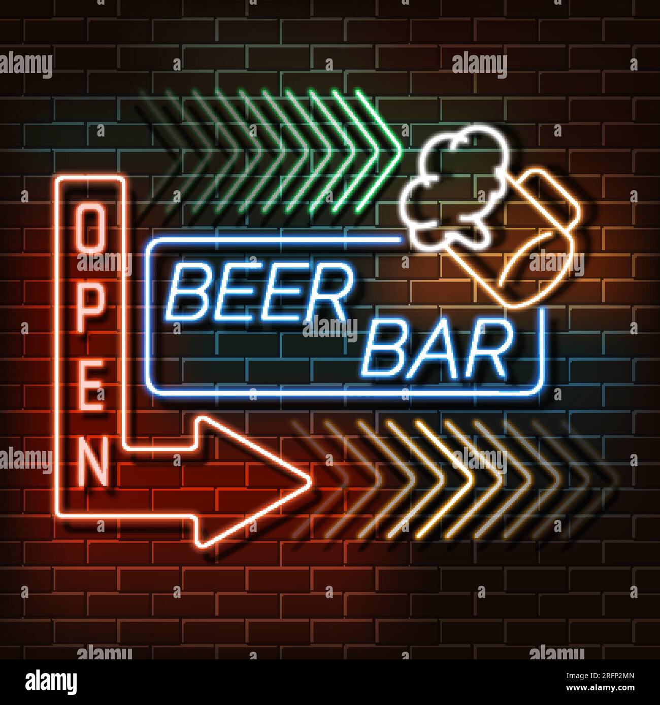 Beer bar neon light banner on a brick wall. Blue and orange sign ...