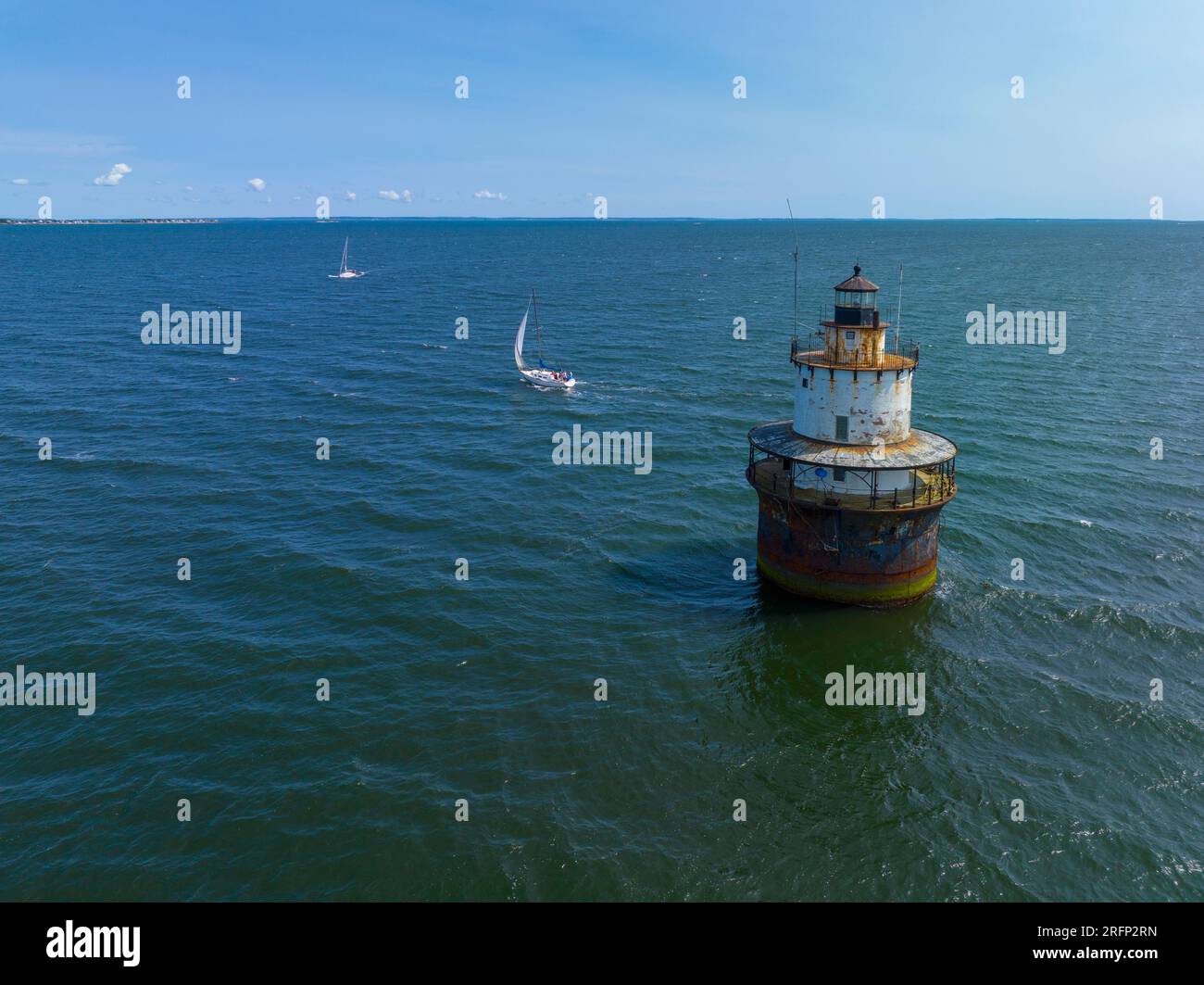 Butler Flats Lighthouse aerial view located at the mouth of Acushnet ...