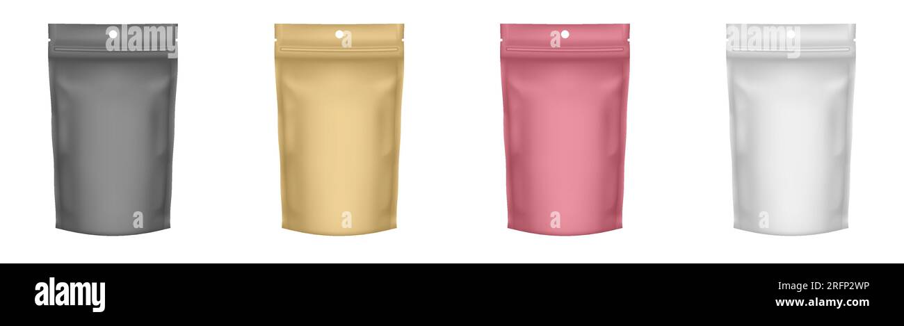 Set of 4 realistic Zip Package. Flexible doy pack. Black, silver, white ...