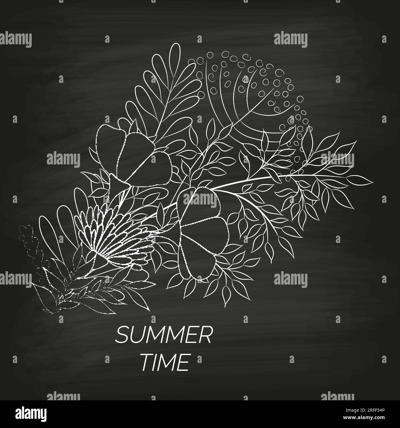 Summer floral background drawn by hand on the black unclean chalkboard ...