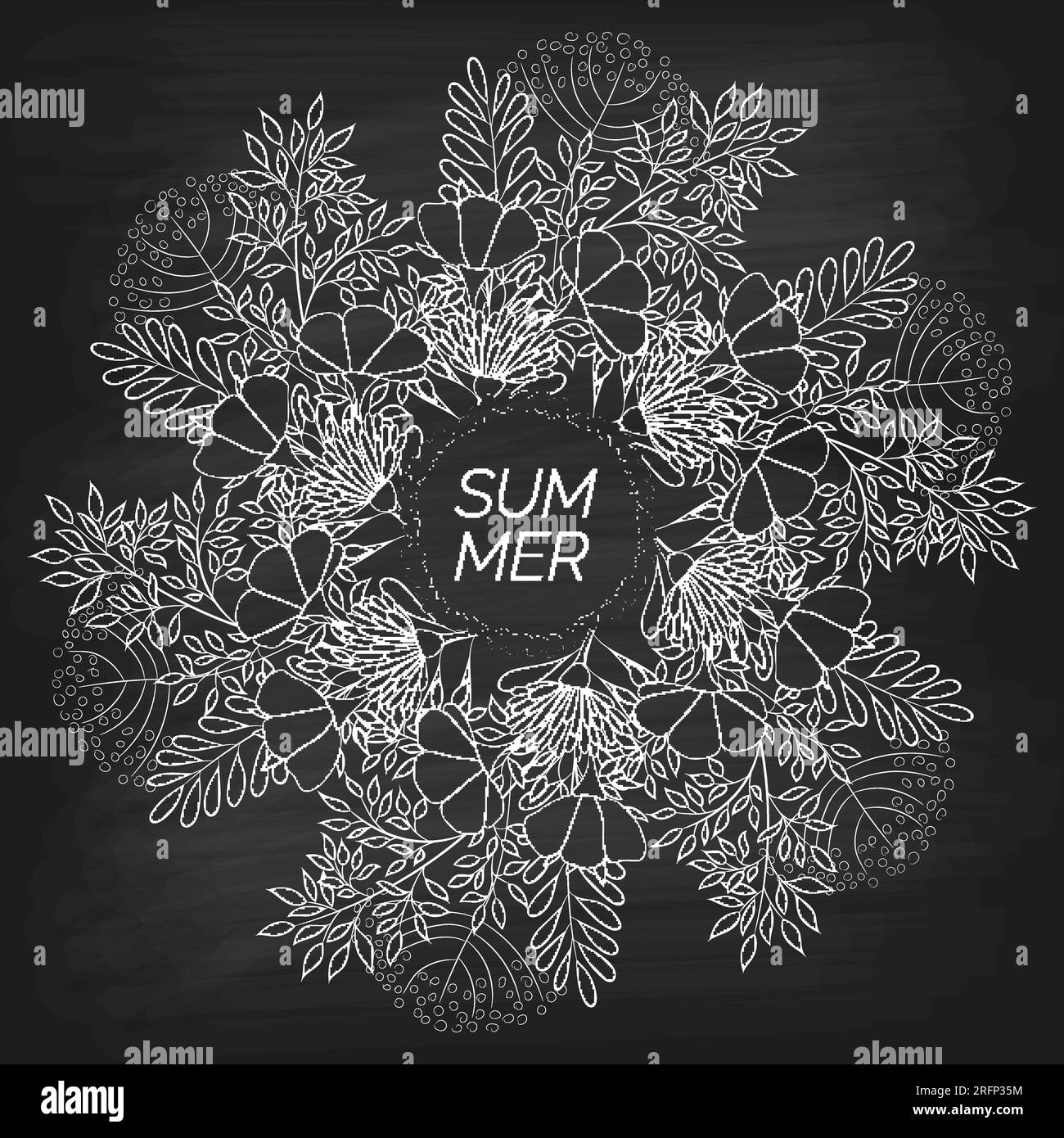 Summer floral background drawn by hand on the black unclean chalkboard ...