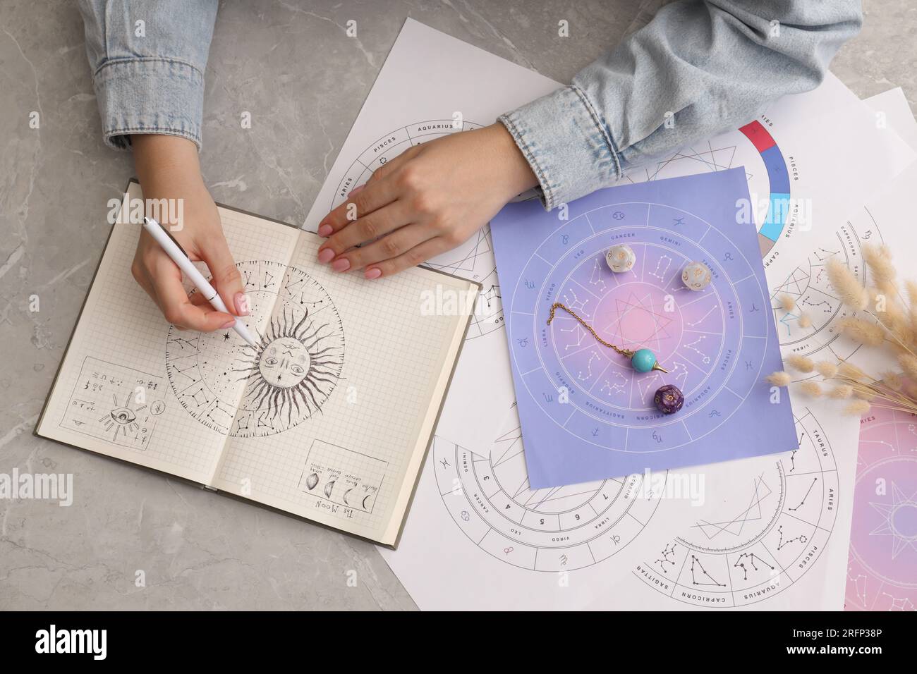 Astrologer using zodiac wheel for fate forecast at table, top view ...