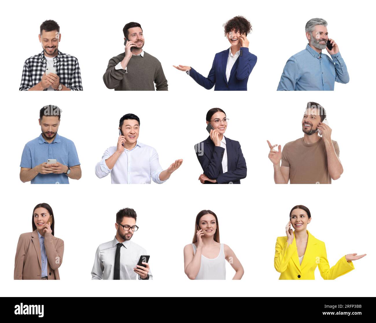 Collage with photos of people using mobile phones on white background ...