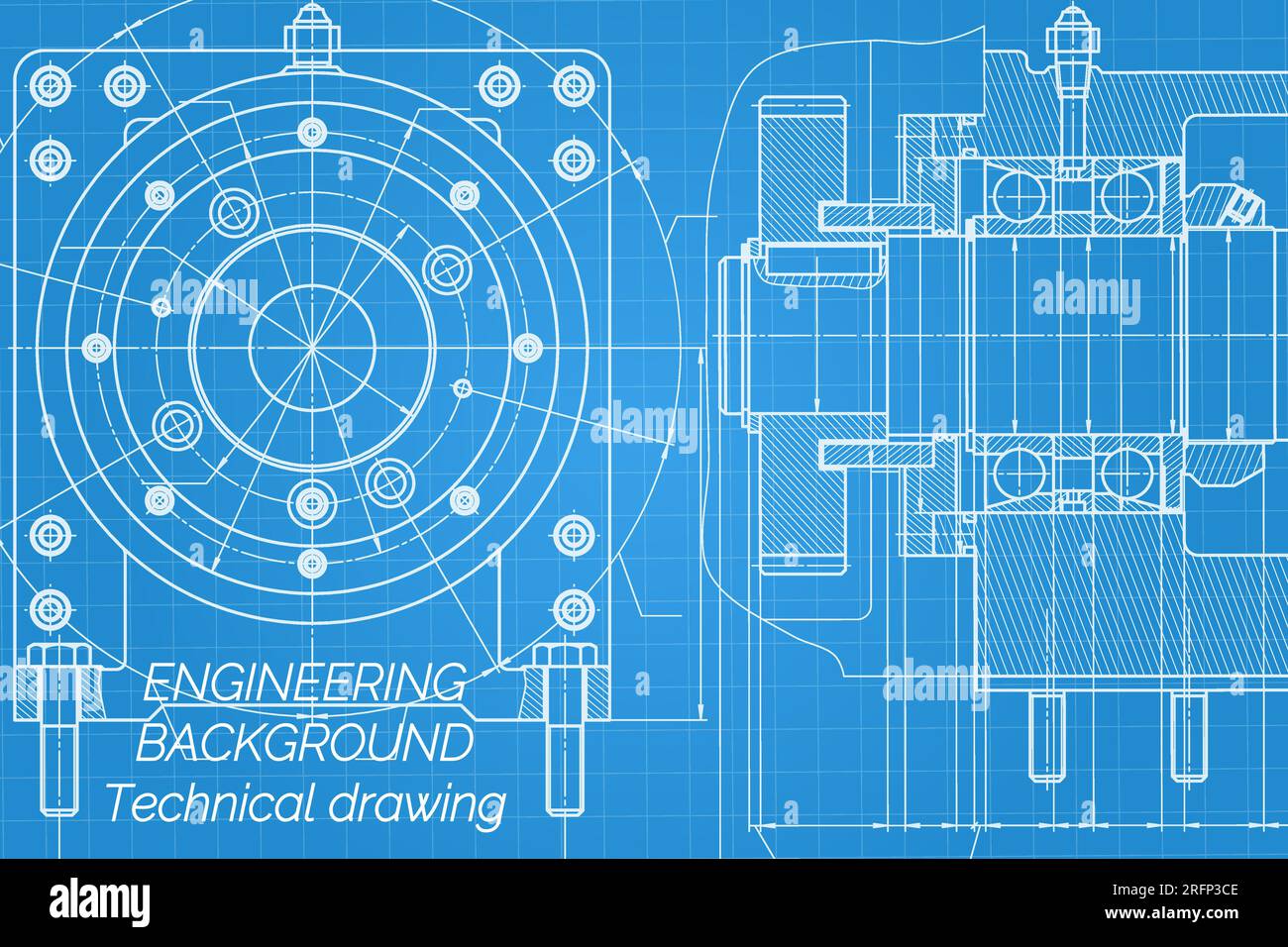 Mechanical engineering drawings on blue background. Milling machine ...