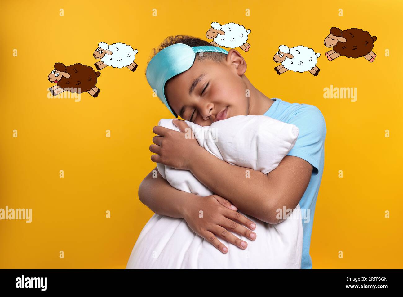 Insomnia. Sleepy boy with pillow and blindfold on orange background ...