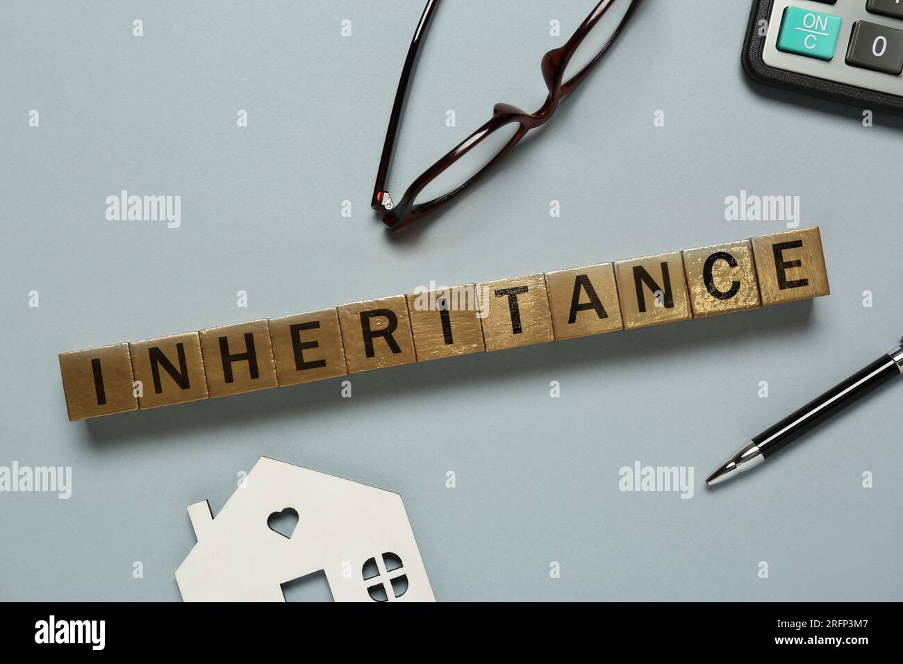 Word Inheritance made with cubes, house model and pen on light blue ...