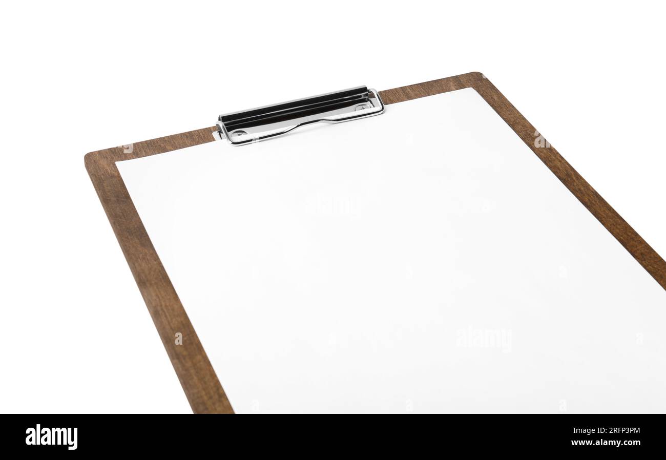 Wooden clipboard with sheet of paper isolated on white. Space for text ...