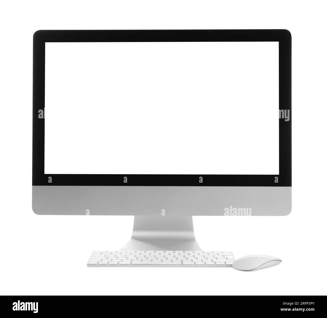 New computer with blank monitor screen, keyboard and mouse on white ...