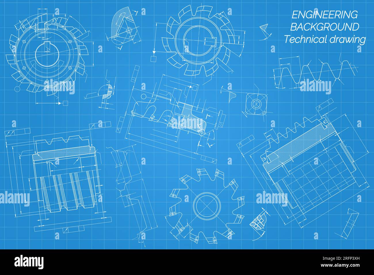 Mechanical engineering drawings on blue background. Cutting tools ...