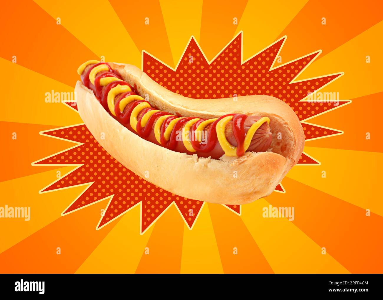 Yummy hot dog with ketchup and mustard on bright comic background Stock ...