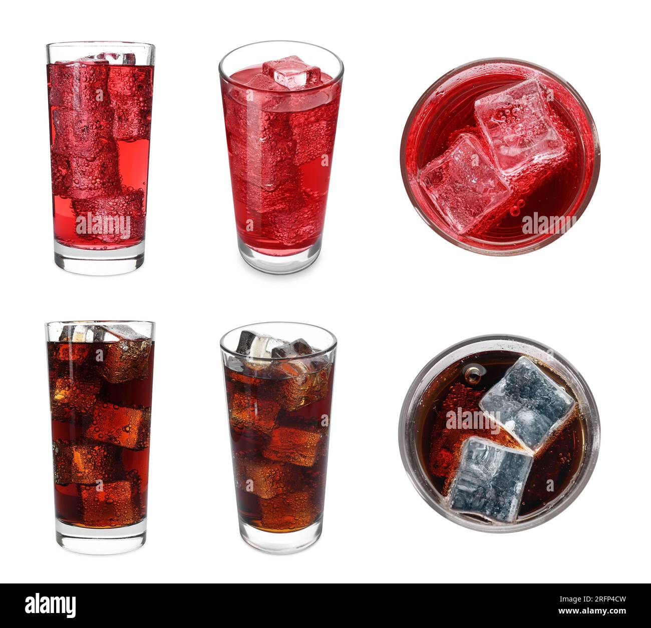 Tasty refreshing soda drinks with ice cubes on white background, top ...