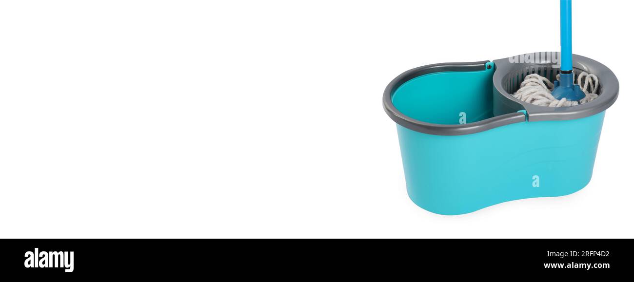 String mop in light blue bucket on white background. Banner design with ...