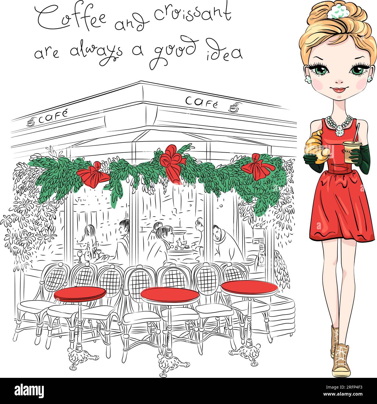 Fashion girl with coffee and croissant near Parisian cafe, Paris ...