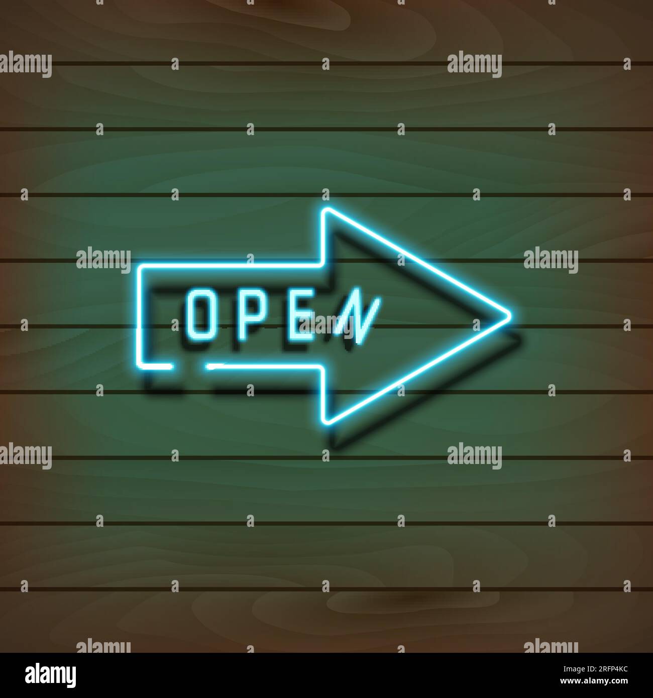 Neon blue arrow open on a wooden wall. Vector Illustration Stock Vector ...