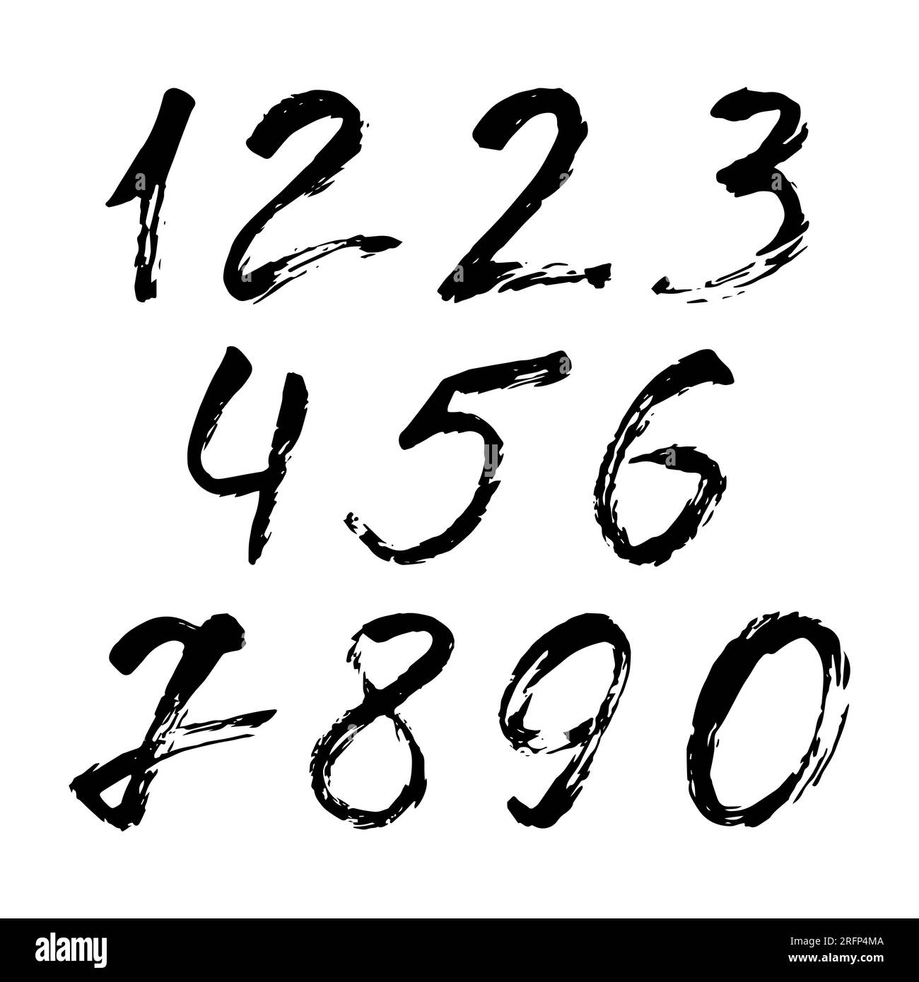 Set of calligraphic numbers painted by black brush on isolated white ...